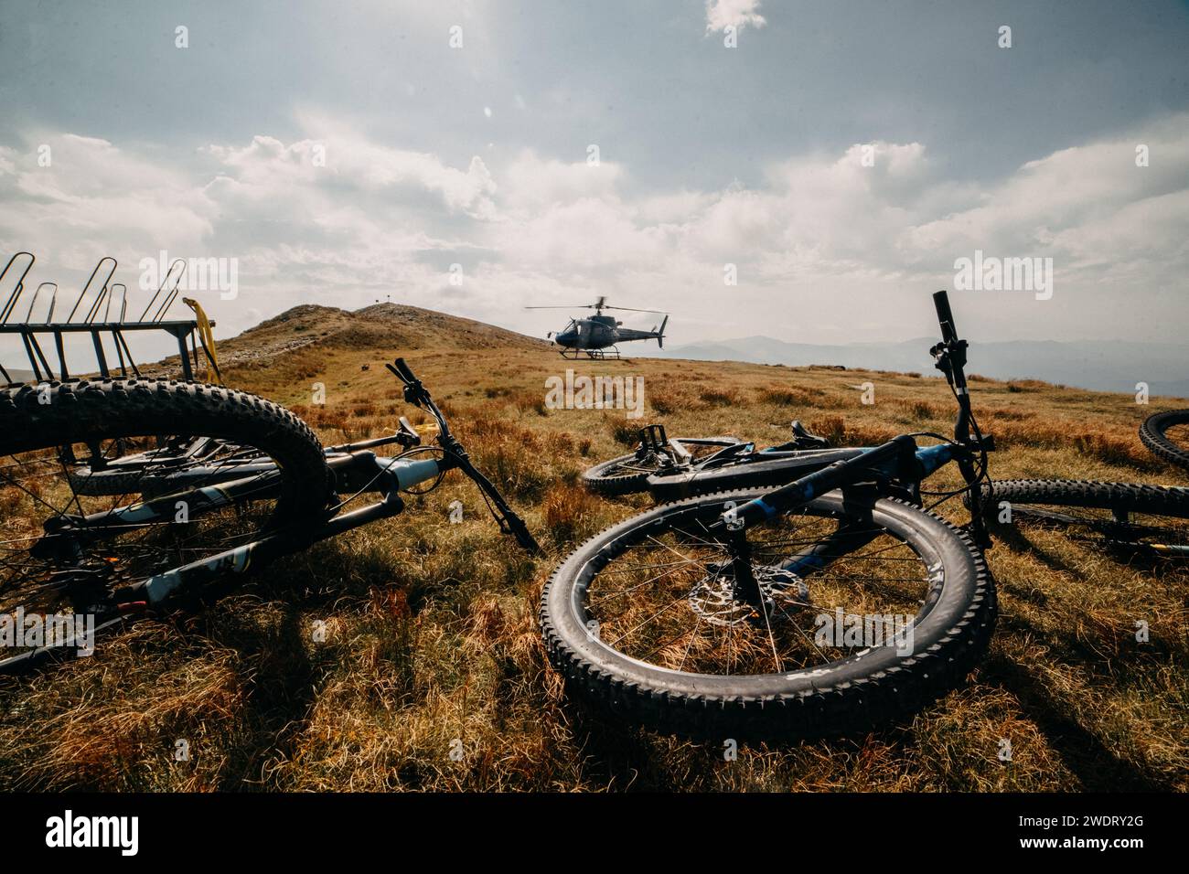 Thrilling Helicopter Rides and E-Bike Escapades on the Mountain Stock Photo - Alamy