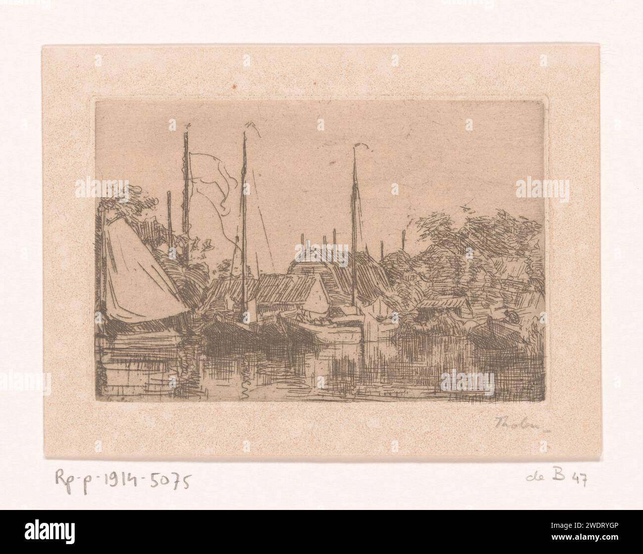 Moored boats, on the waterfront trees and houses, Willem Bastiaan ...