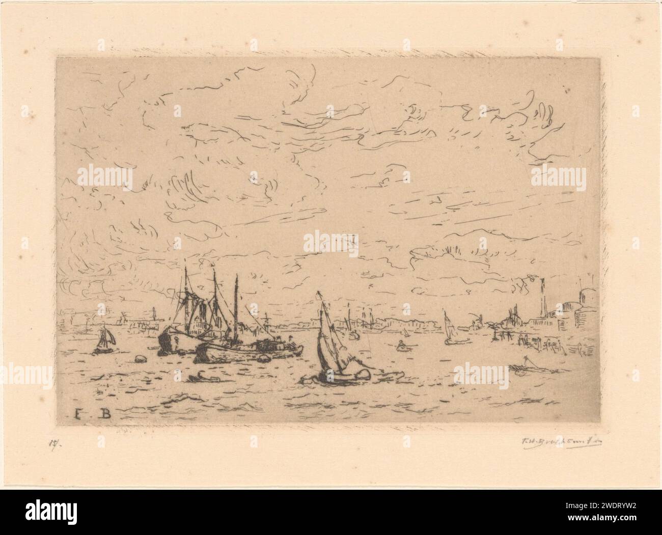 Sailing ships on a river, Frederika Henriëtte Broeksmit, 1885 - 1931 ...