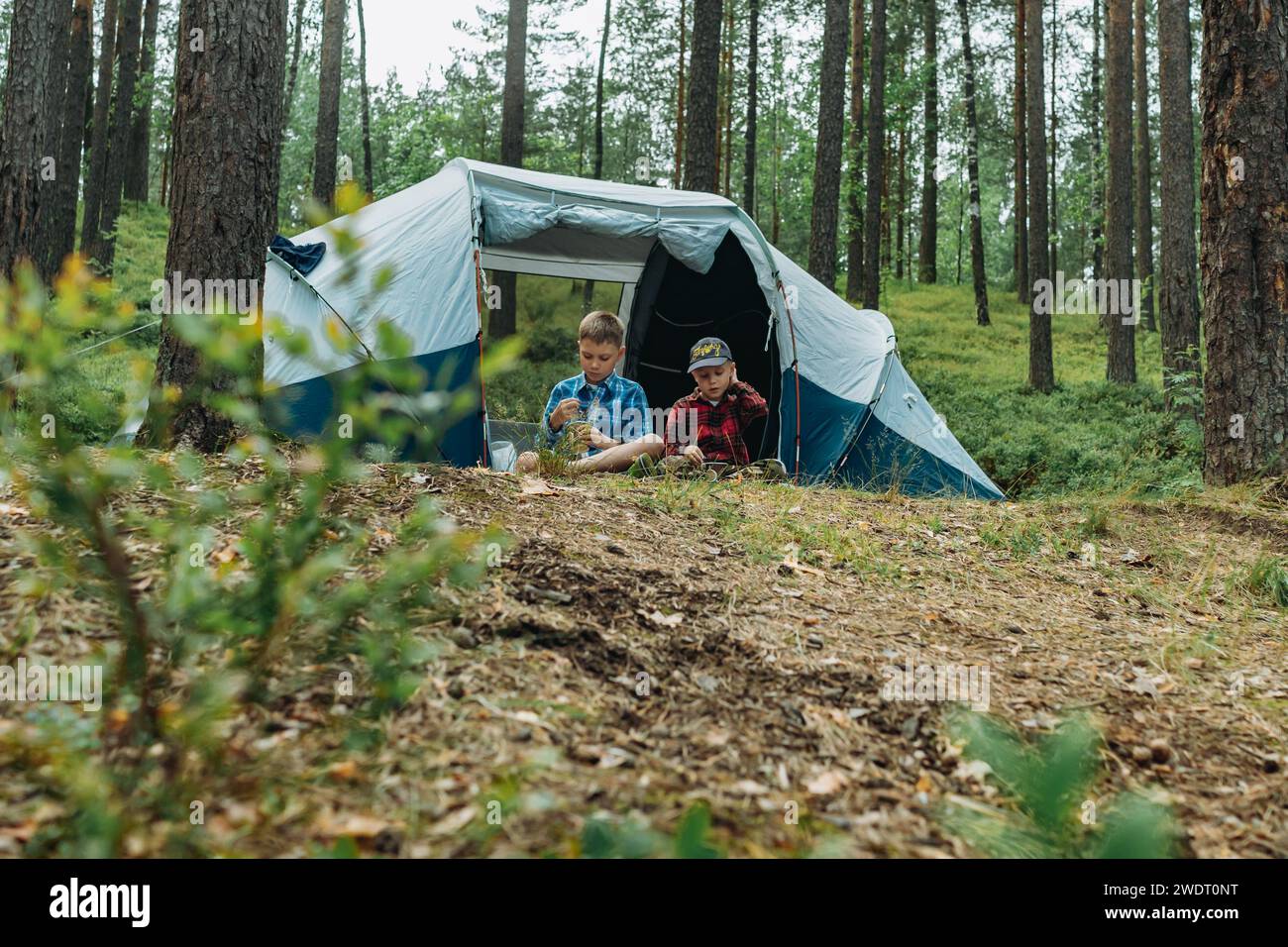 cute caucasian boys sitting inside a big touristic tent. Family camping ...