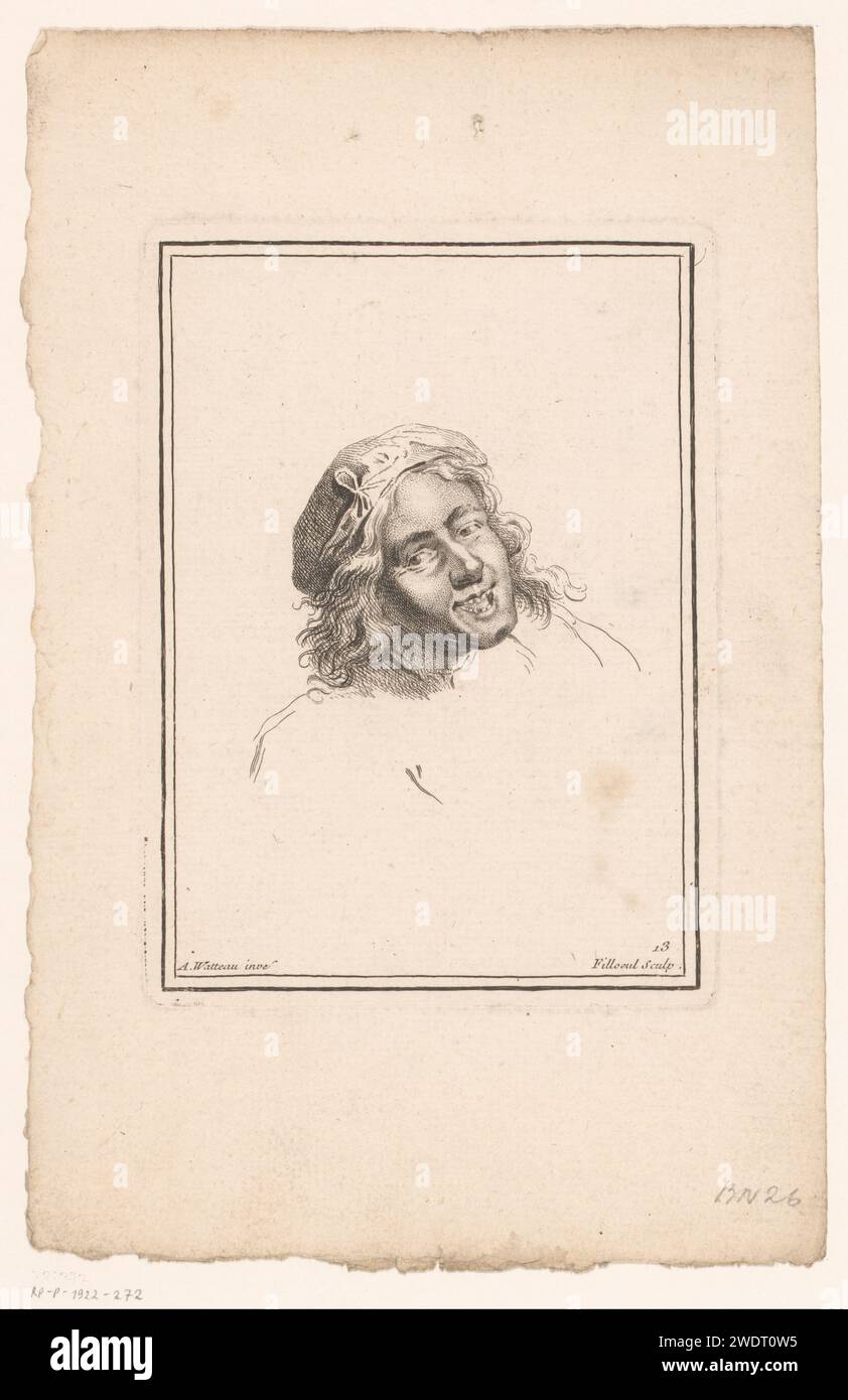 Lachende Man, Pierre Filloeul, After Jean Antoine Watteau, 1734 print ...