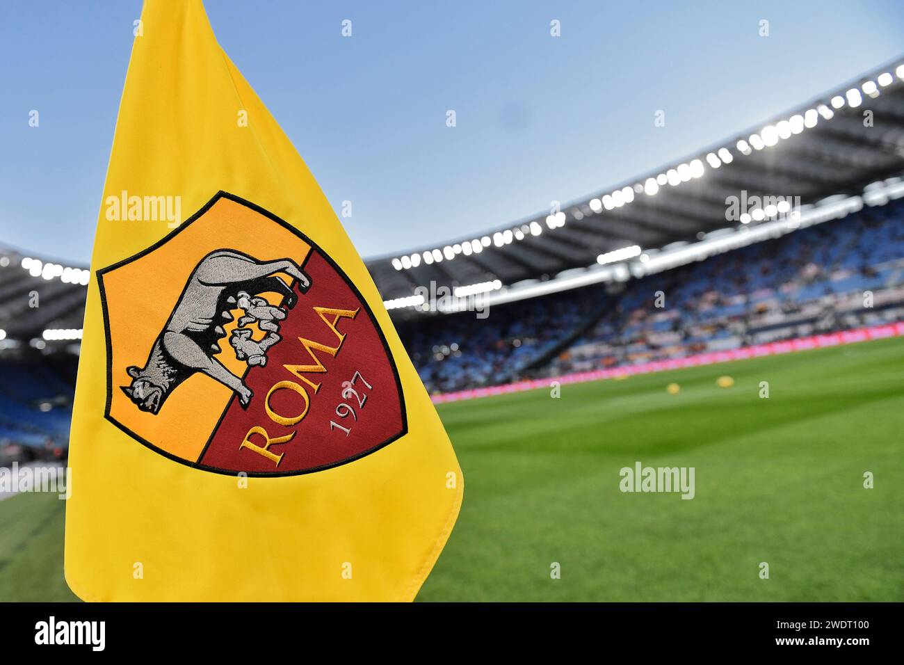 The crest of AS Roma is seen on a corner flag during the Serie A ...