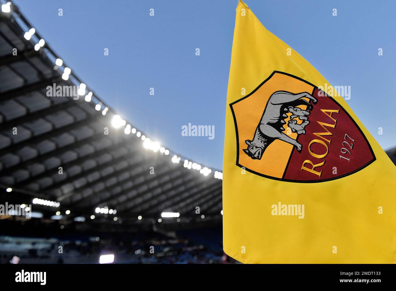 The crest of AS Roma is seen on a corner flag during the Serie A ...