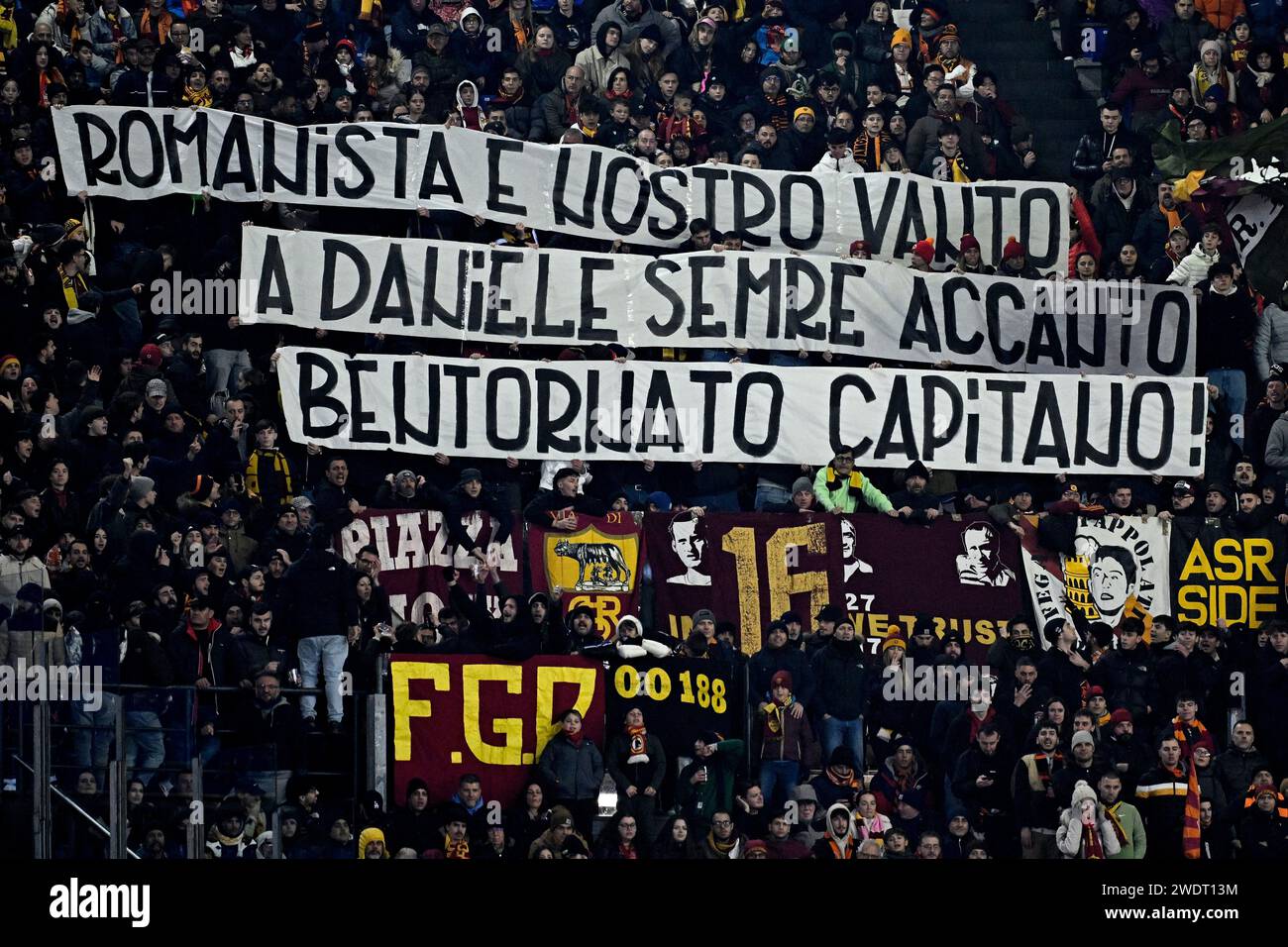 AS Roma fans show a banner to support Daniele De Rossi coach of AS Roma ...