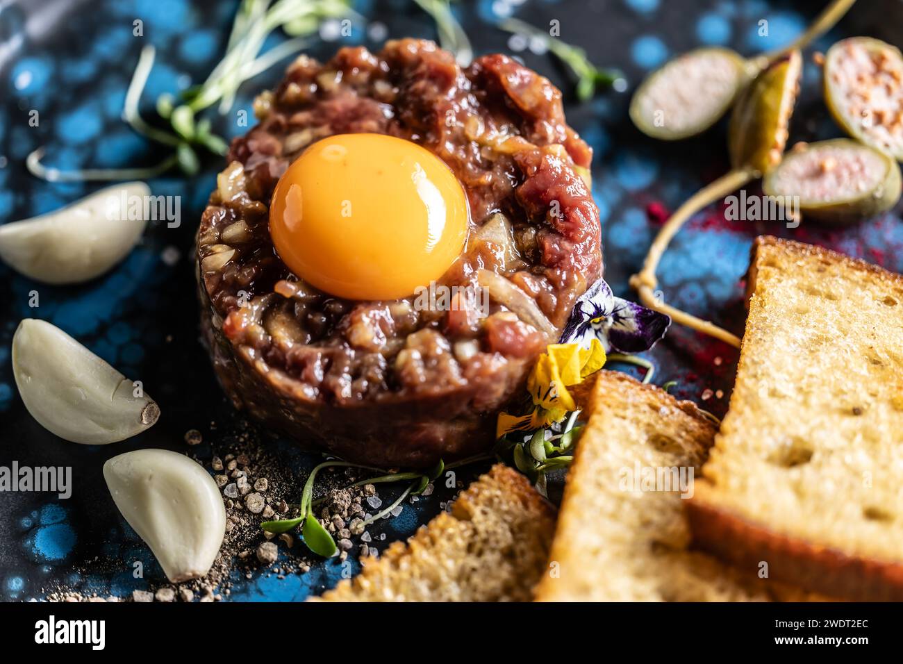 Beef tartare with egg yolk on a plate with garlic and toasted bread ...