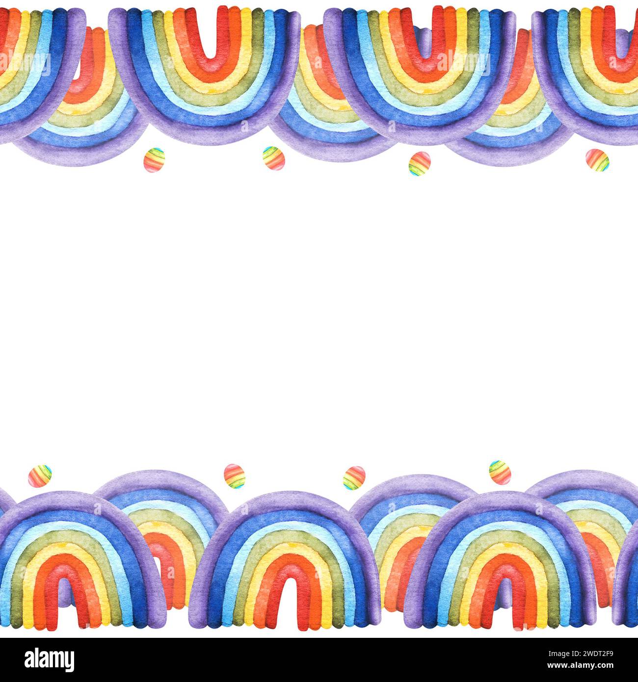 Watercolor hand drawn rainbow illustration. Seamless border frame ...