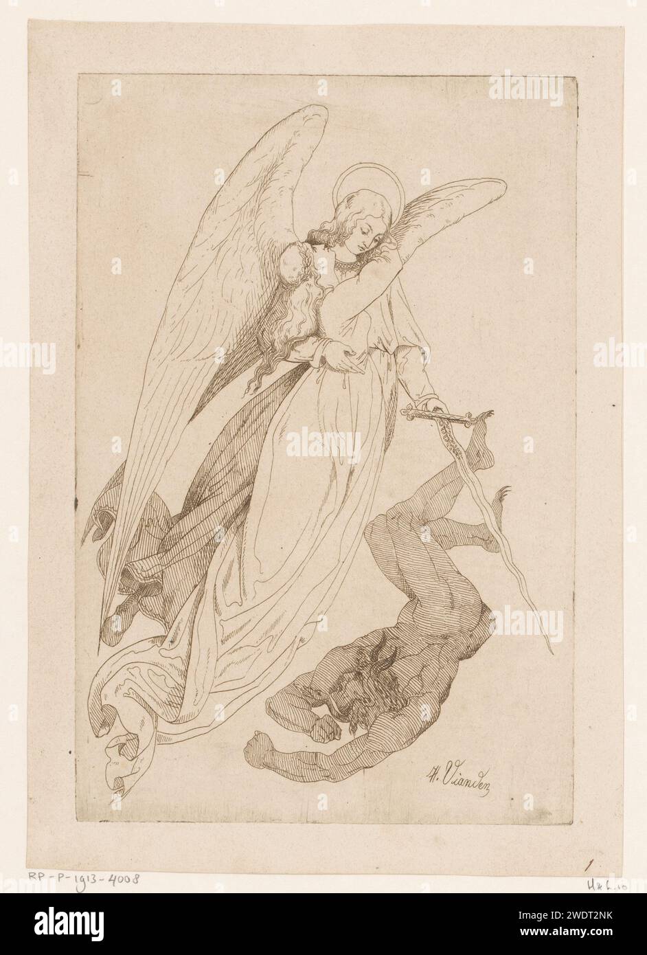 Engel lifts a female holy and beats a demon, Heinrich Vianden, 1836 ...