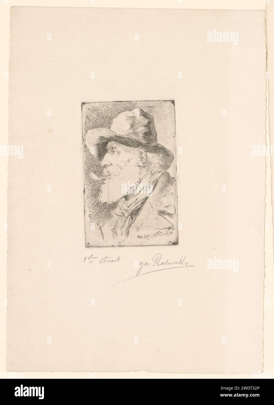 Piping old man with hat, Jos Ratinckx, 1888 print paper etching pipe ...