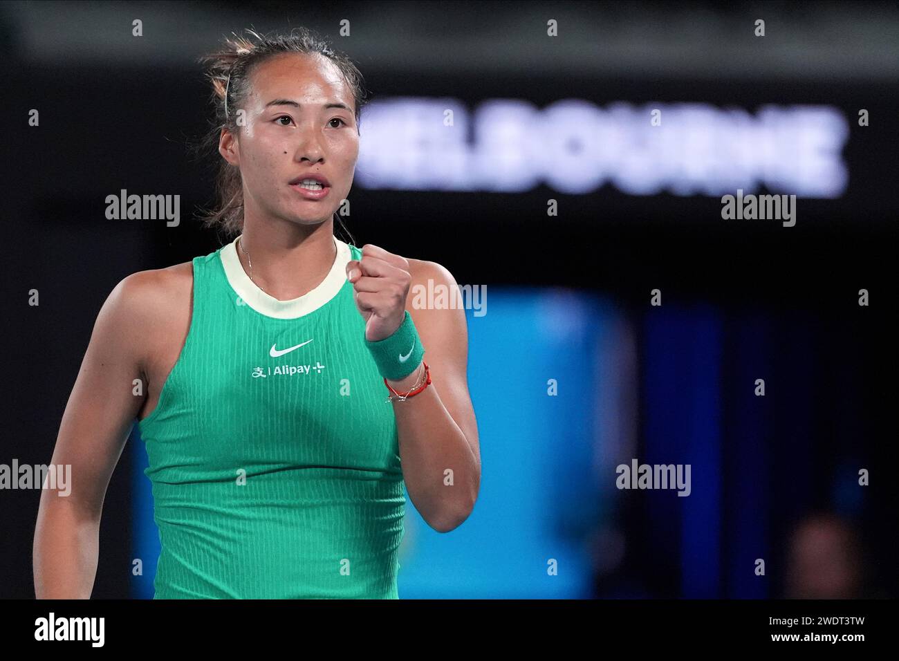 Zheng Qinwen of China reacts during her fourth round match against Oceane Dodin of France at the ...