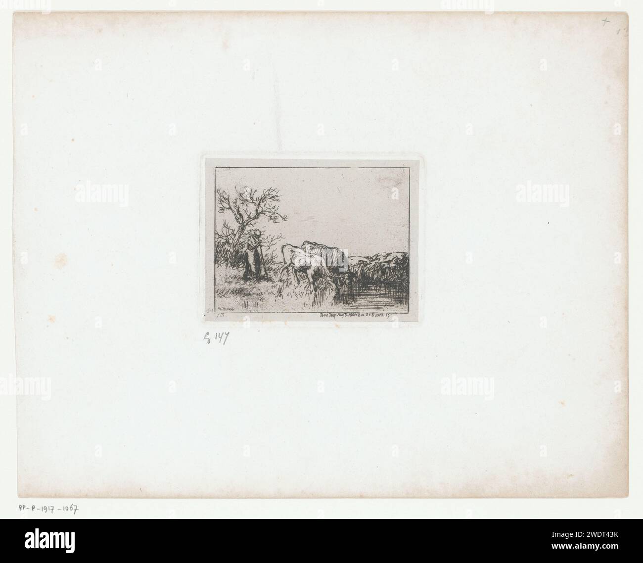 Woman with two cows in a landscape, Charles Emile Jacque, 1849 print ...