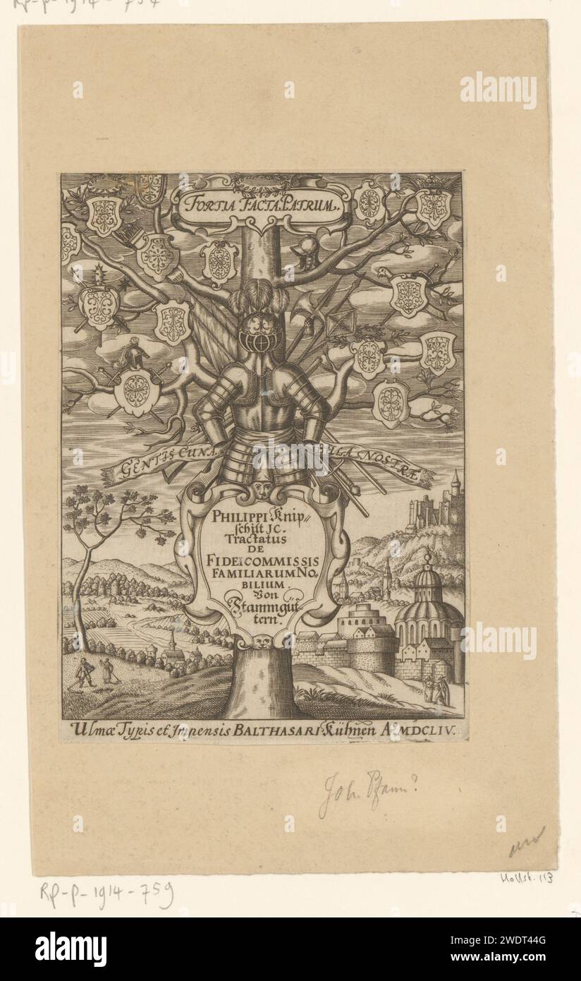 Family tree with armor and landscape, Johann Pfann, 1654 print Family ...