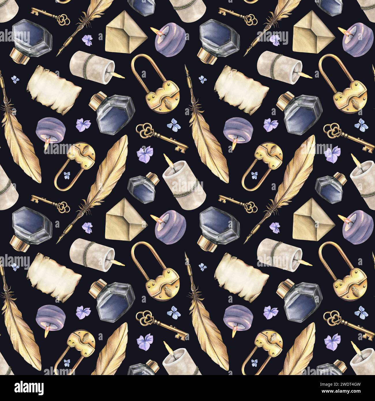 Writing supplies: papyrus paper, craft envelope, gold pen, ink in a ...