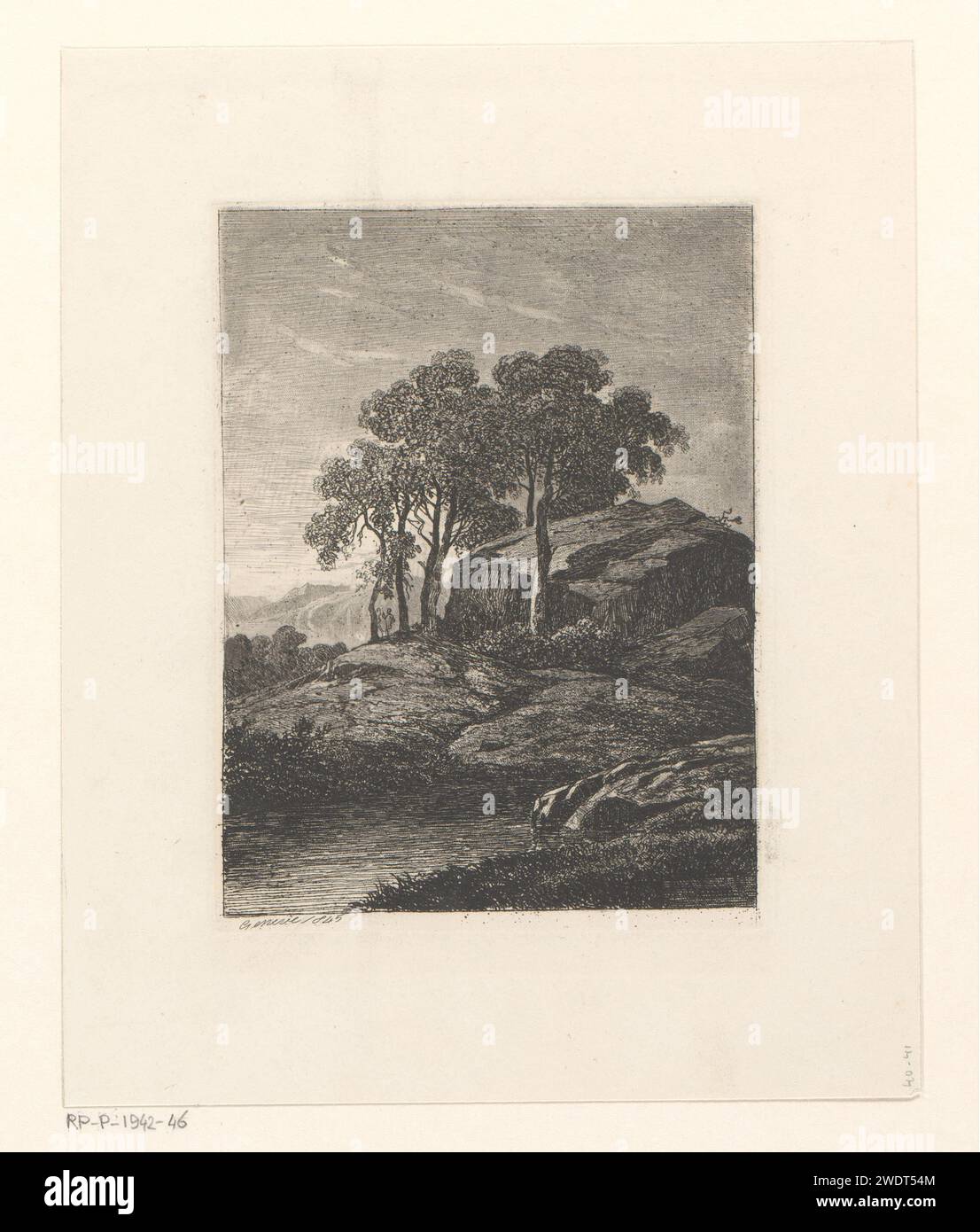 Mountain landscape with deciduous trees at rocks on the water ...