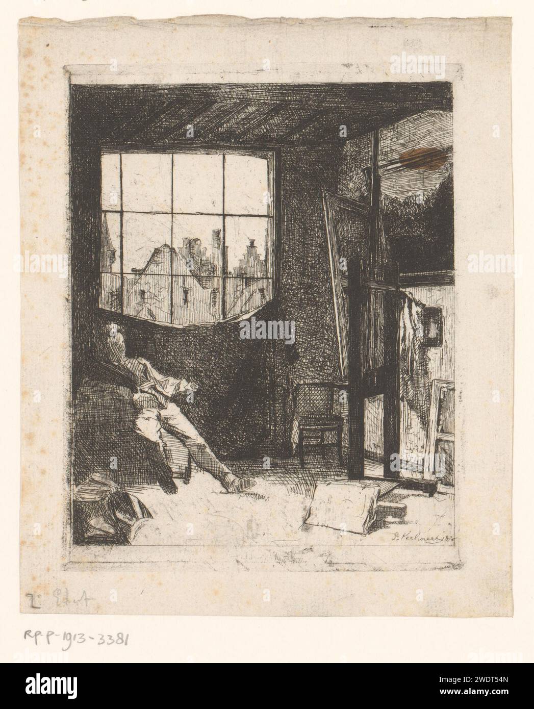 Painter sees his work in his studio, Piet Verhaert, 1876 print paper ...