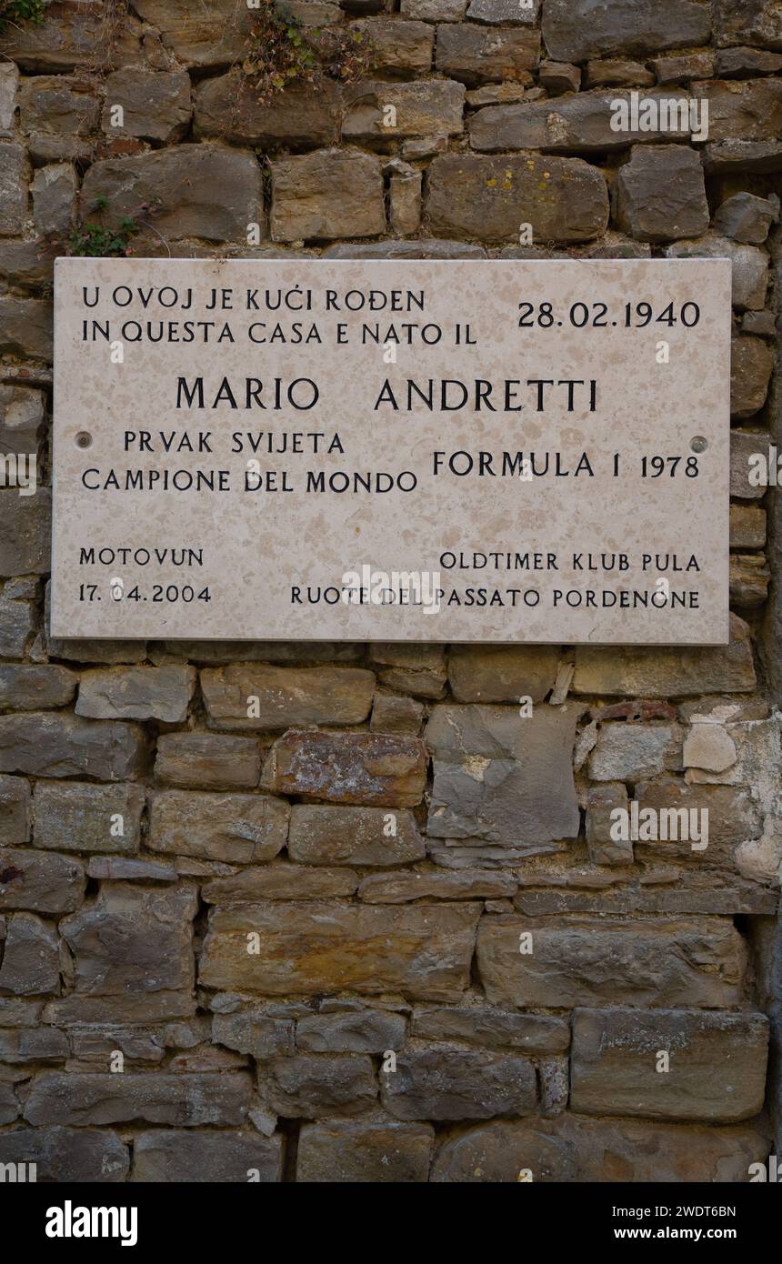Plaque on wall of previous home of Mario Andretti, Motovun, Central ...