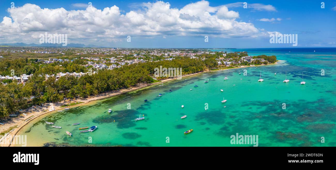 Aerial view of coastline, beach and turquoise water at Cap Malheureux ...