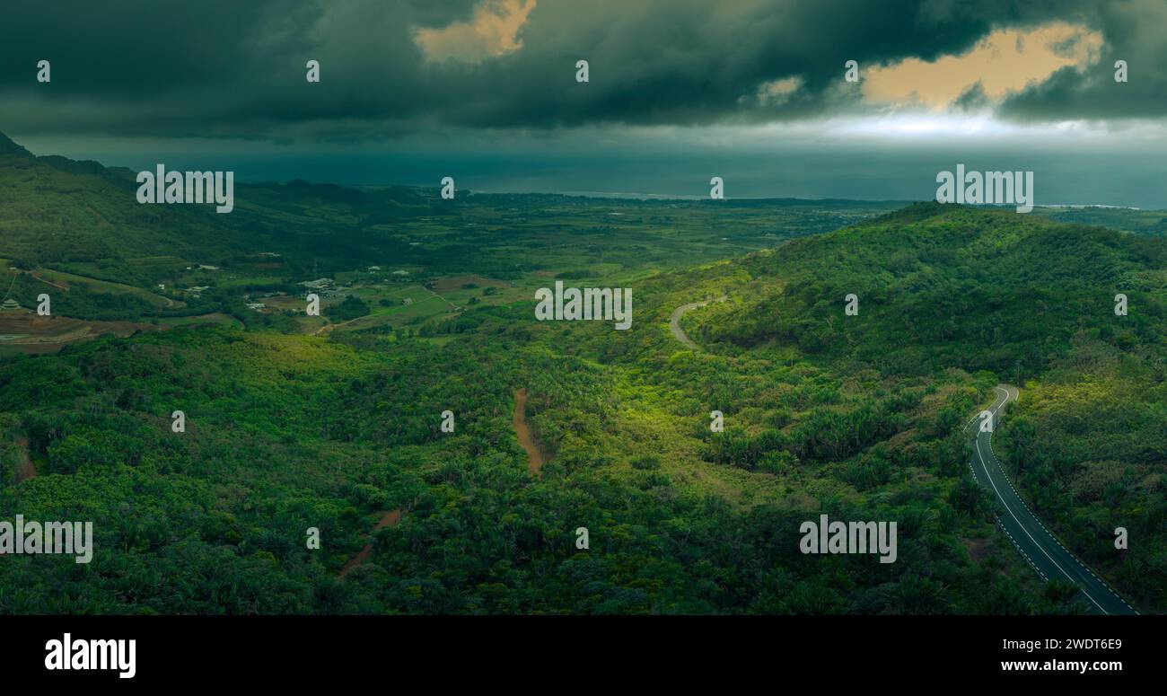Aerial view of road through Black River Gorges National Park, Mauritius ...