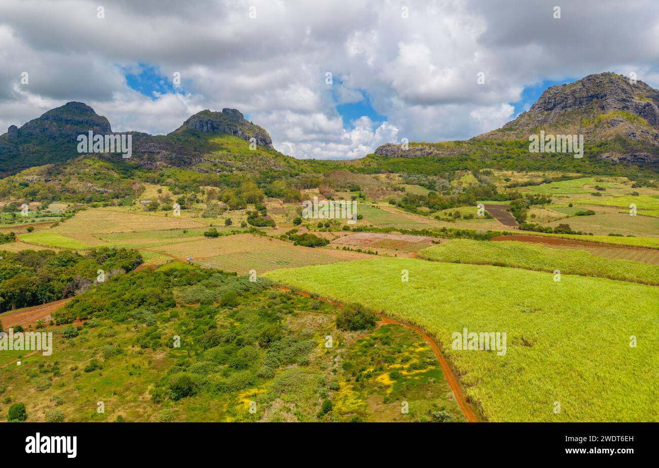 Aerial view of Long Mountain and fields at Long Mountain, Mauritius, Indian Ocean, Africa Stock ...