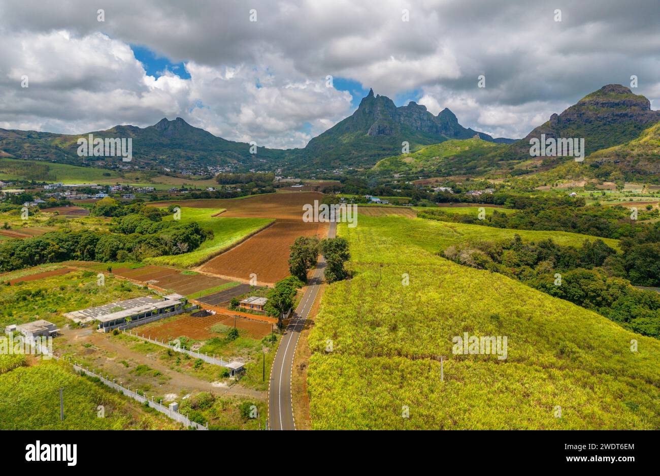 Aerial view of Long Mountain and fields at Long Mountain, Mauritius, Indian Ocean, Africa Stock ...