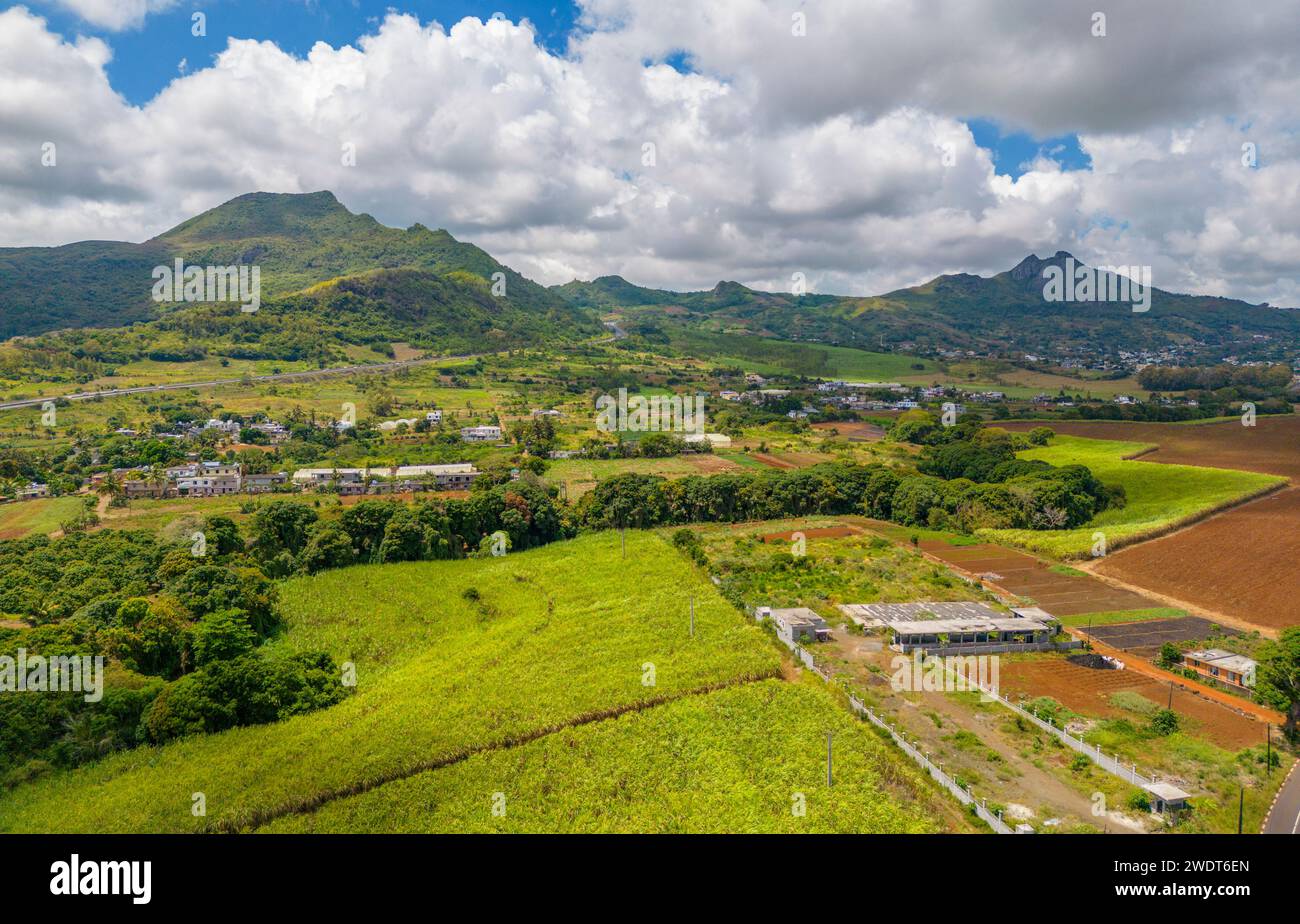 Aerial view of Long Mountain and fields at Long Mountain, Mauritius, Indian Ocean, Africa Stock ...