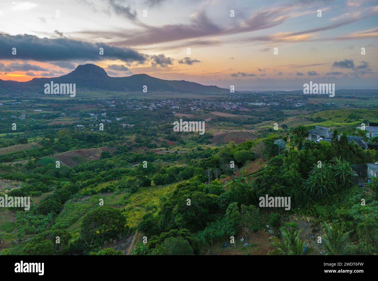 Aerial view of Long Mountain at sunset from near Congomah, Mauritius, Indian Ocean, Africa Stock ...