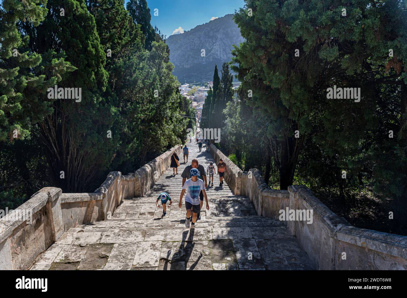 Walkway up stone steps to the Calvary Chapel, Pollenca, Mallorca ...