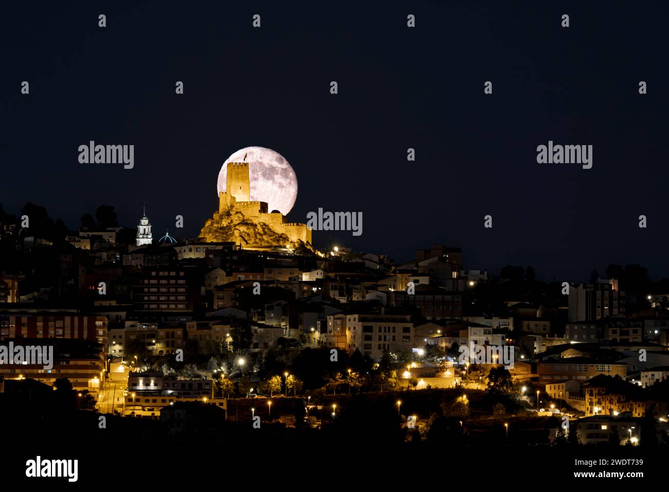 Moonrise of a full moon over Banyares Castle in Sierra Mariola ...