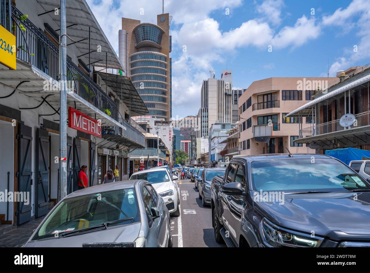 View of architecture and busy street in Port Louis, Port Louis ...