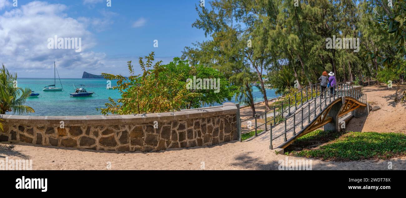 View of boats and turquoise Indian Ocean on sunny day in Cap Malheureux ...