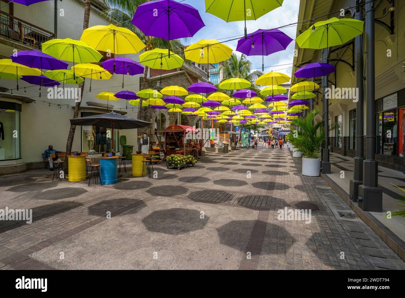 View of umbrellas and shops at Caudan Waterfront in Port Louis, Port ...