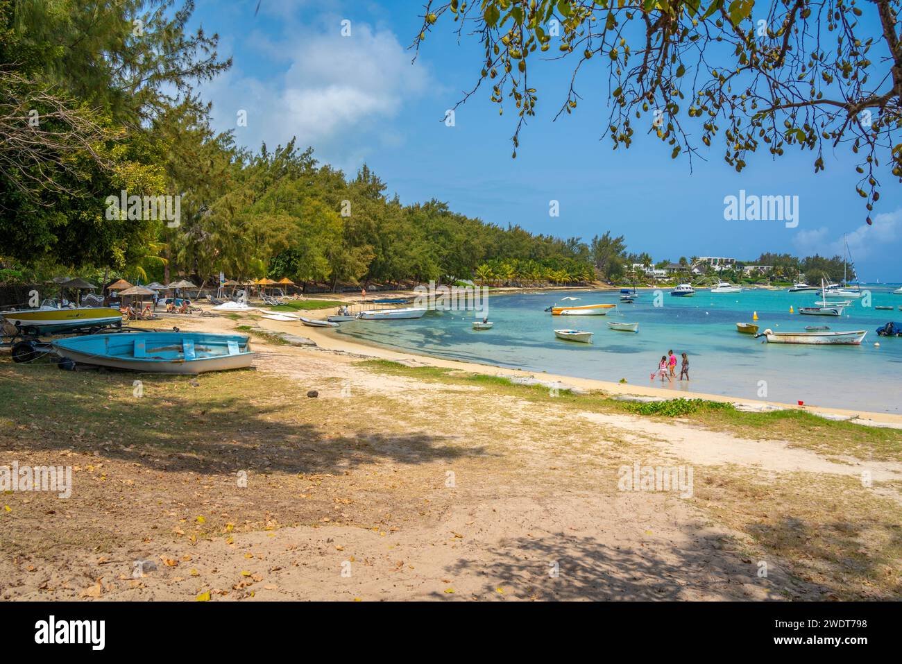 View of beach and turquoise Indian Ocean on sunny day in Cap Malheureux ...