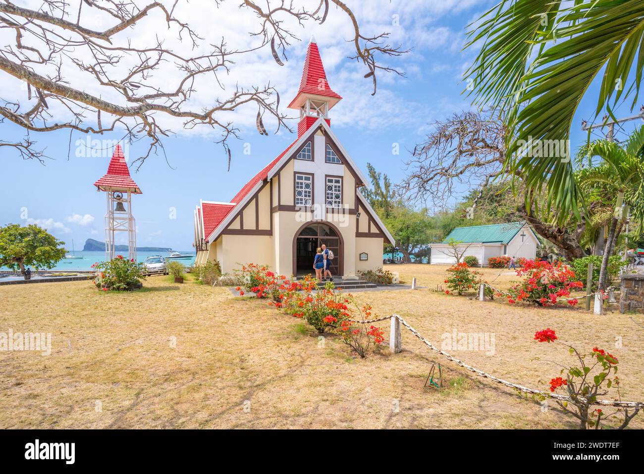 View of Notre-Dame Auxiliatrice de Cap Malheureux on sunny day in Cap ...