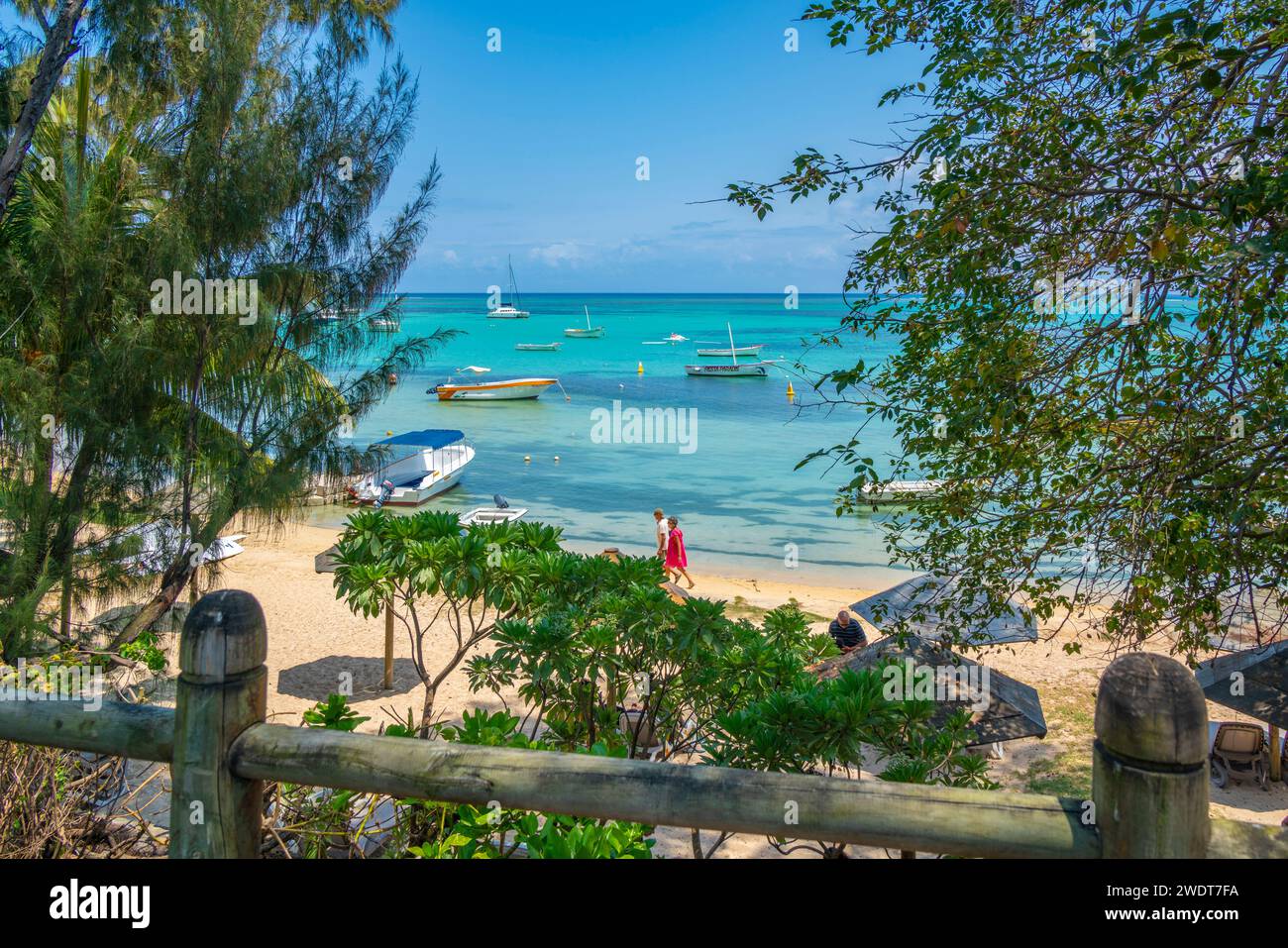 View of beach and turquoise Indian Ocean on sunny day in Cap Malheureux ...