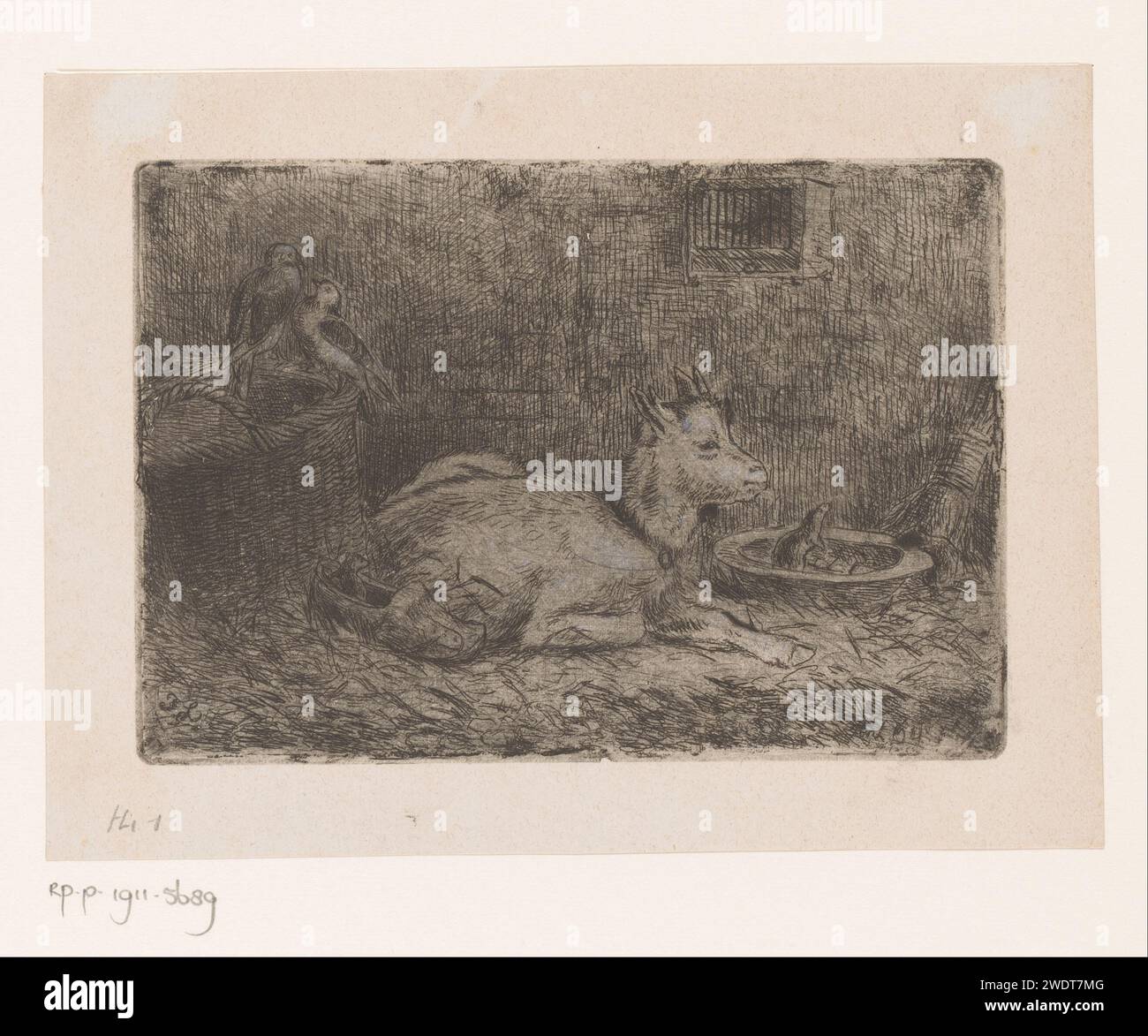 Lying young goat with two pigeons and two mice, F. Lautenberger, 1864 ...