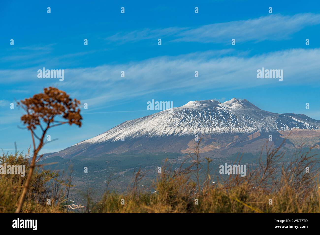 Mount Etna volcano covered with snow on a clear and sunny day, UNESCO ...