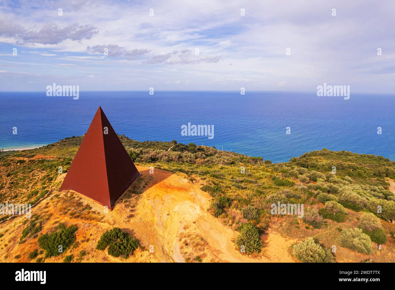Aerial of the iron pyramid of Parallel 38 against the sea, Fiumara d ...