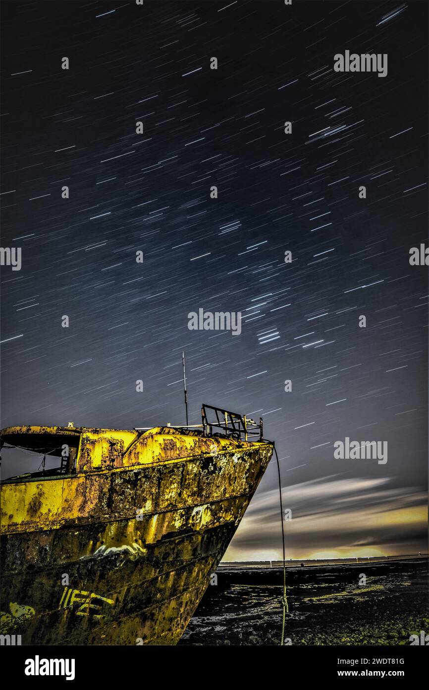 Star trails above the derelict trawler Vita Nova, from the Cumbrian ...