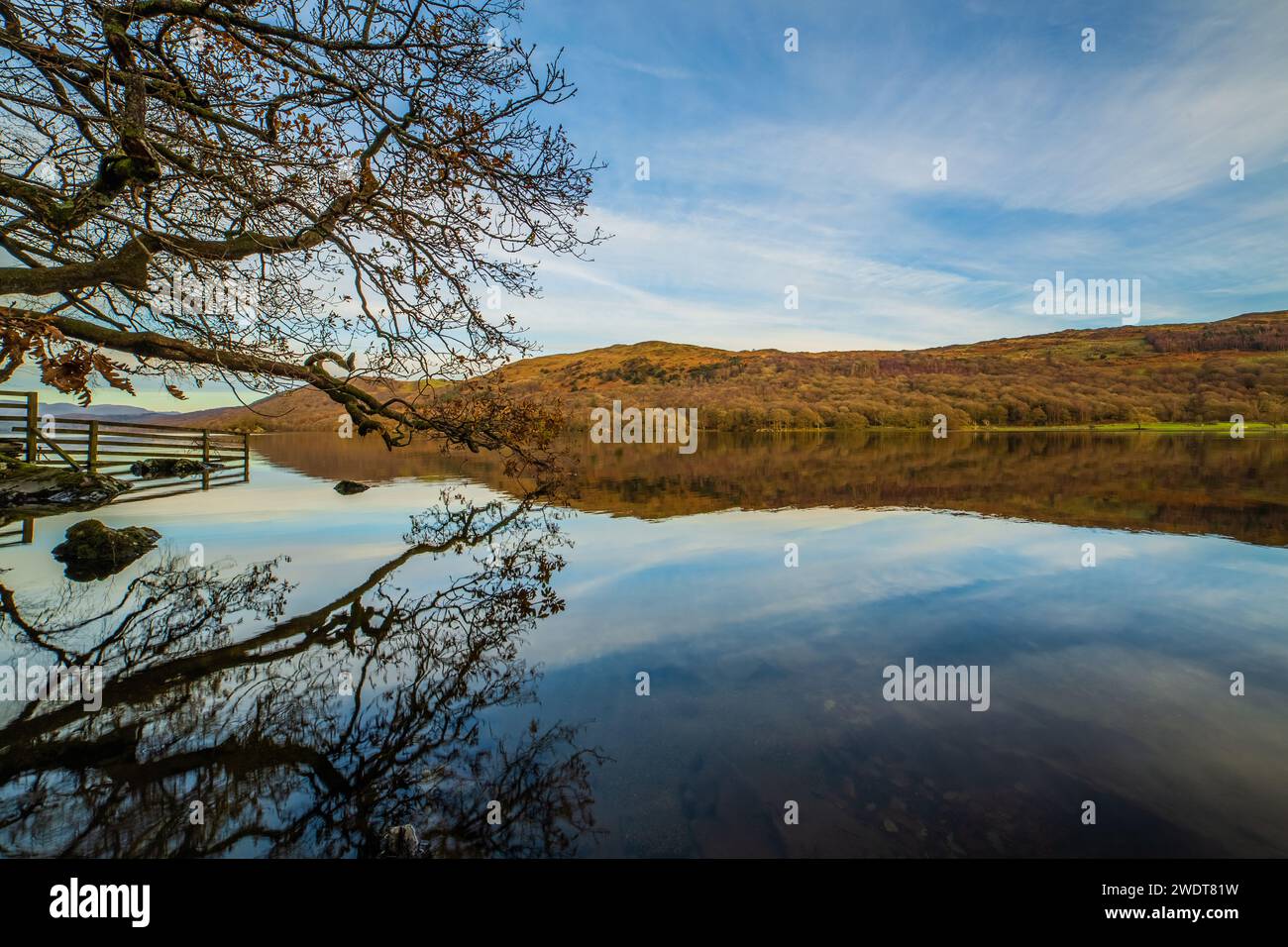 Cold, clear and calm day with view of Coniston Water, Lake District ...