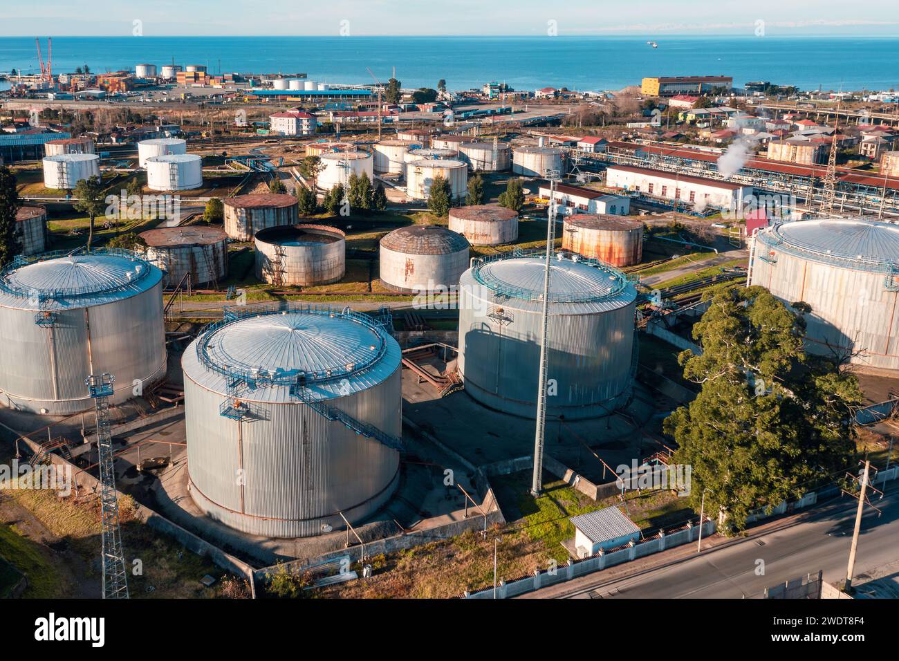 Aerial view of oil tanks at oil refinery. Gas and oil steel storage ...