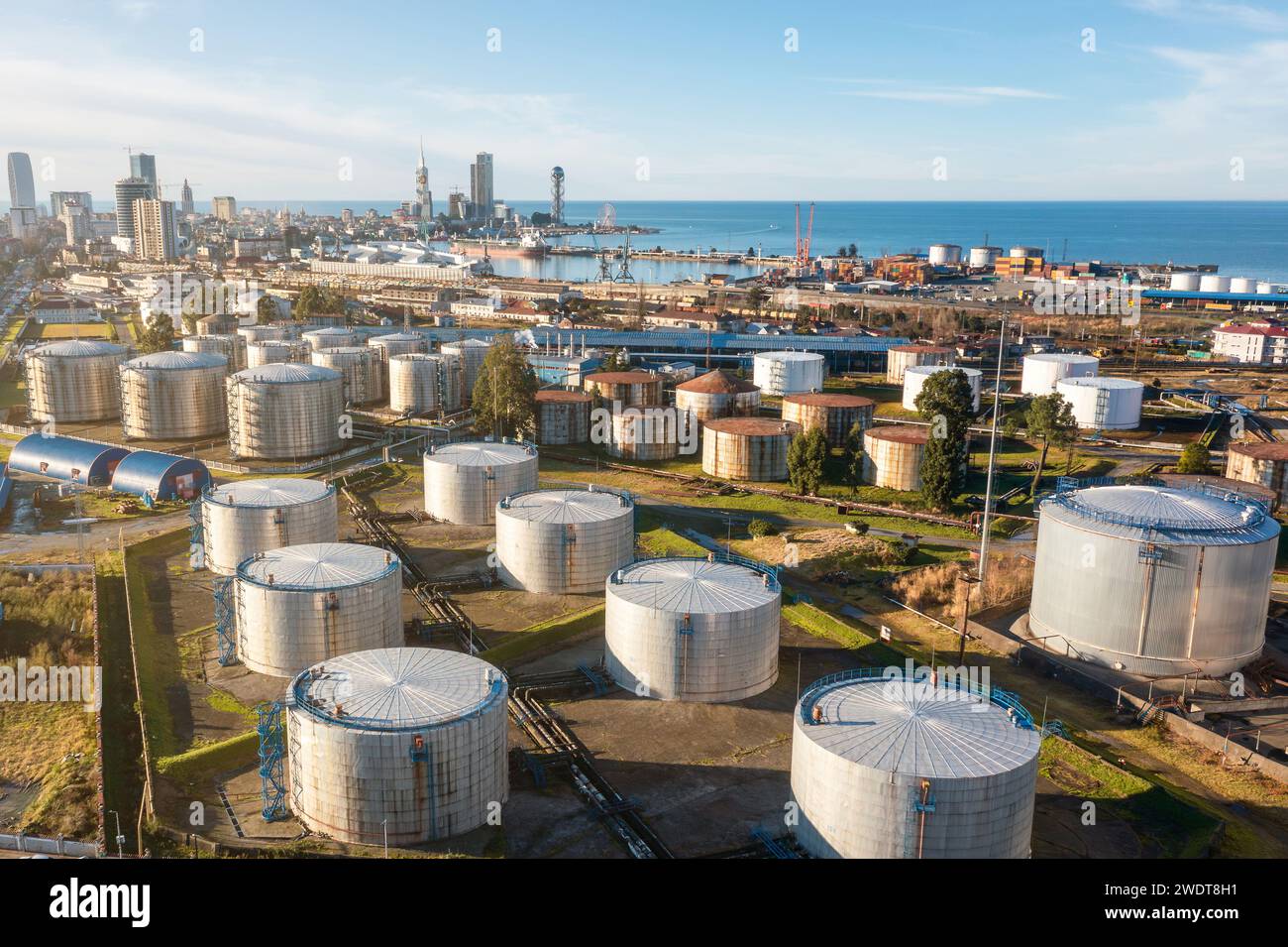 Aerial view of oil and gas terminal with steel storage tanks of oil and ...