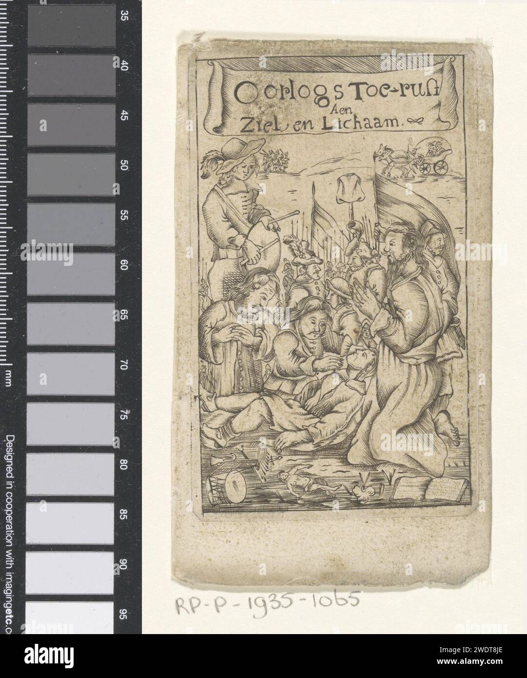 Kneeling people around sick or wounded man, Anonymous, 1659 print Three ...