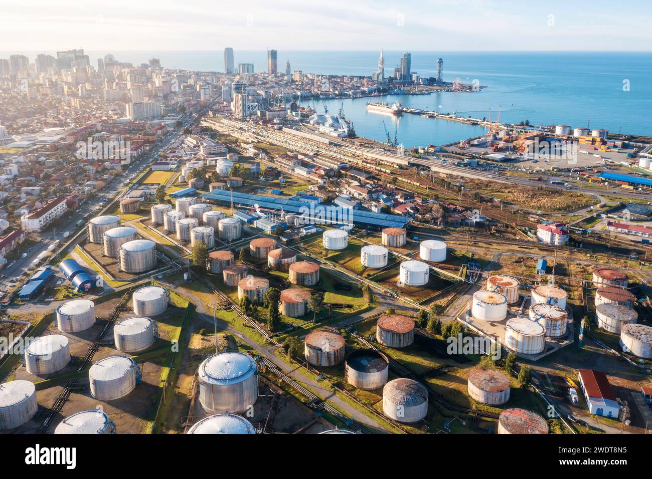 Aerial drone view of oil and gas terminal with steel storage tanks of ...