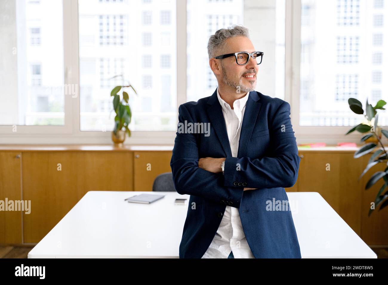 Ambitious mature businessman in formal wear and glasses standing with ...