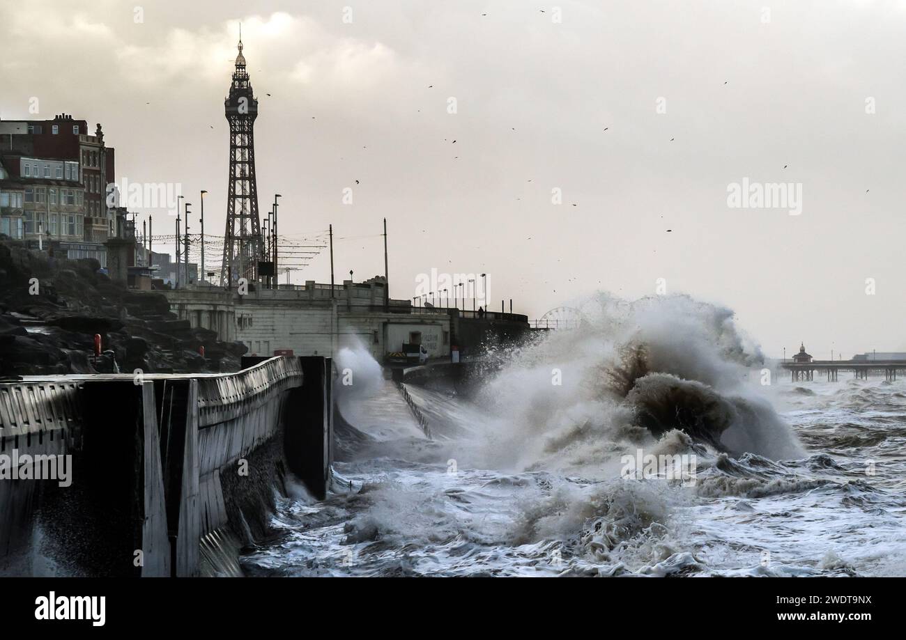 Waves break on the sea front in Blackpool. Thousands of people have been left without power as ...