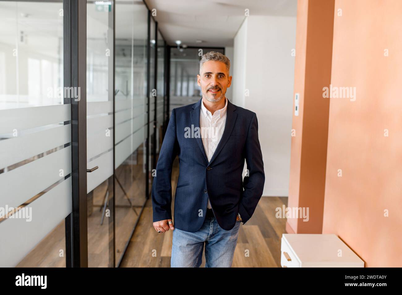 Portrait of a stylish mature businessman standing in the modern office ...