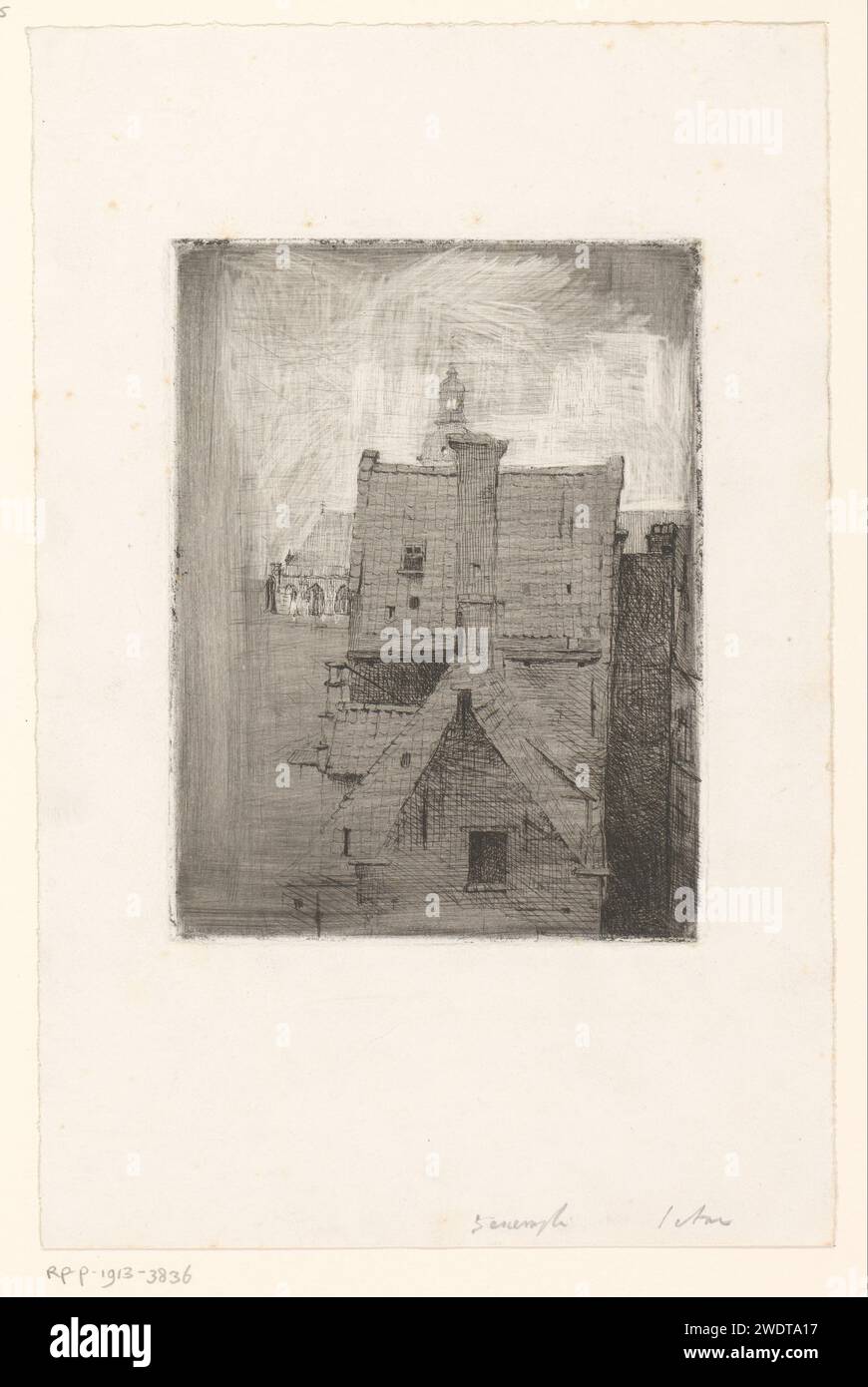 View of roofs with a chimney, in the background a church, Piet Verhaert ...
