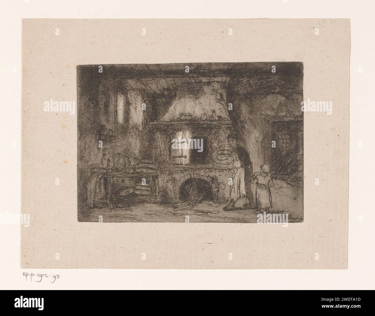 Interior of a bakery with baker and child, Ben Linnig, 1870 - 1912 print paper etching ...