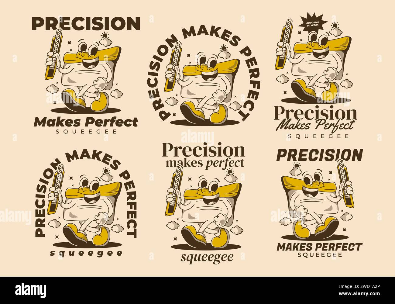 Precision makes perfect. Squeegee mascot character holding a blade, in ...