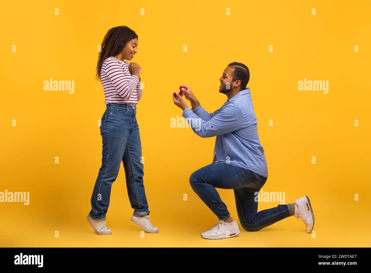Romantic young black man kneeling making proposal to his girlfriend ...