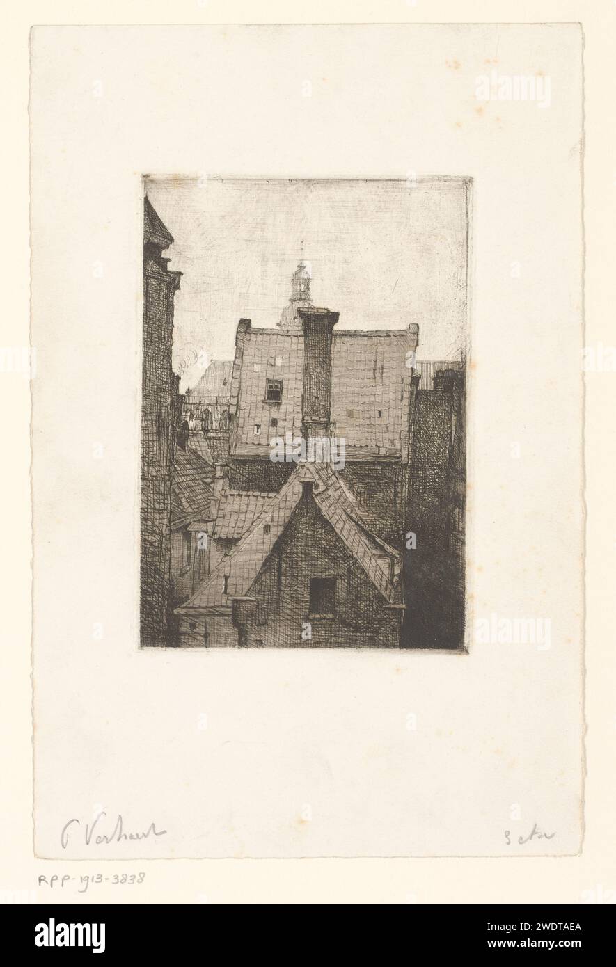 View of roofs with a chimney, in the background a church, Piet Verhaert ...
